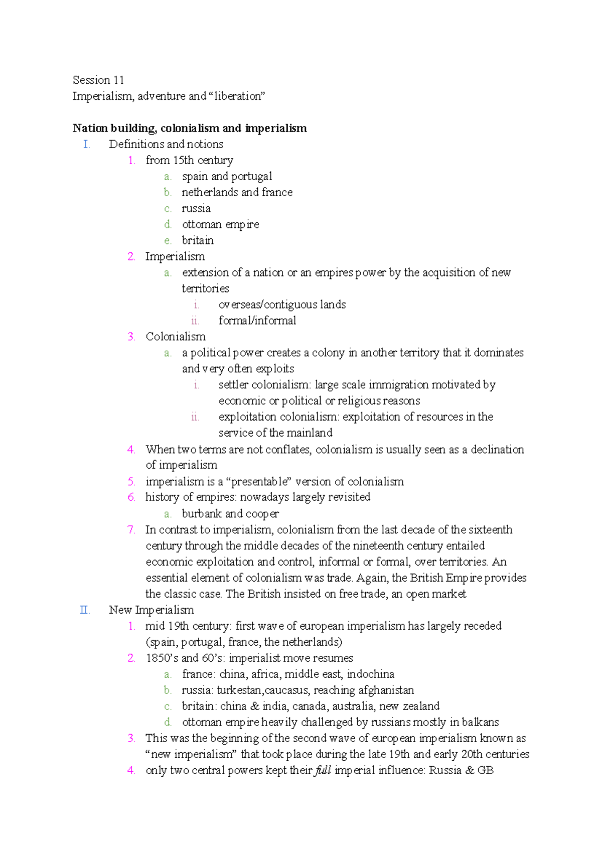 Session 11 - Lecture notes 11 - Session 11 Imperialism, adventure and ...