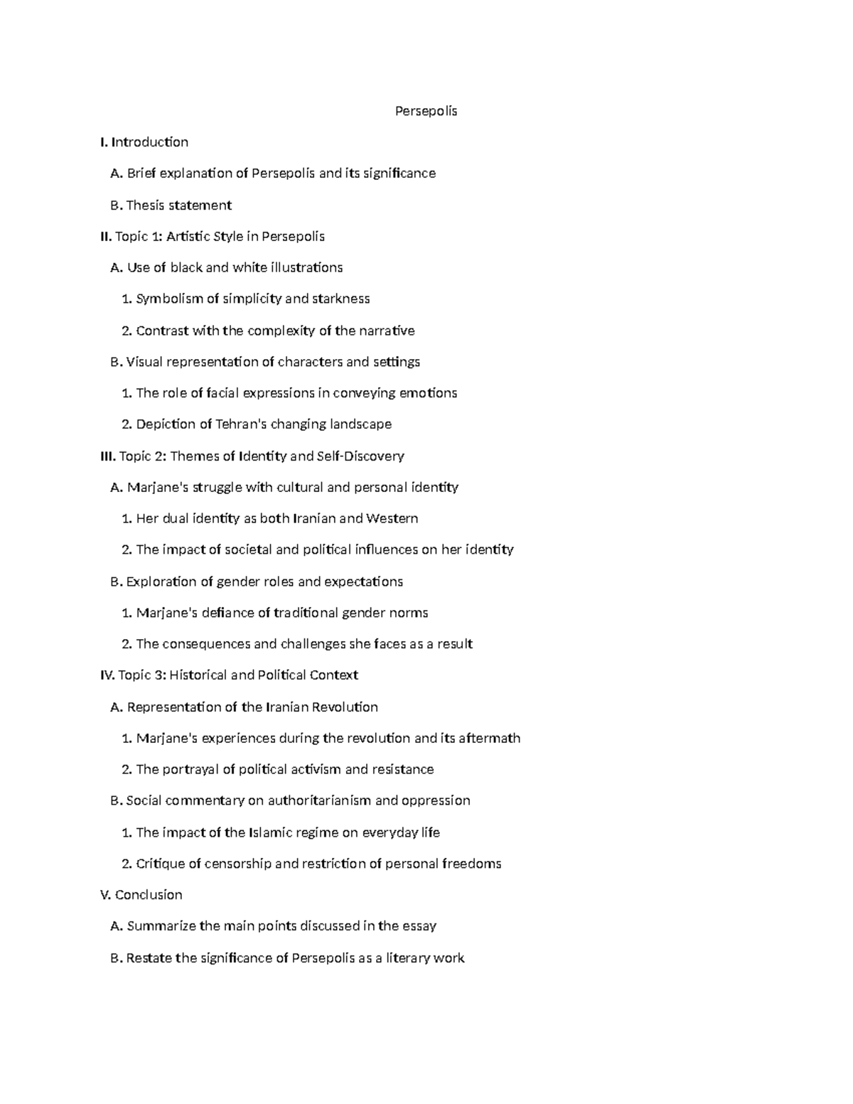 Essay Oulines HL Essay - Persepolis I. Introduction A. Brief ...