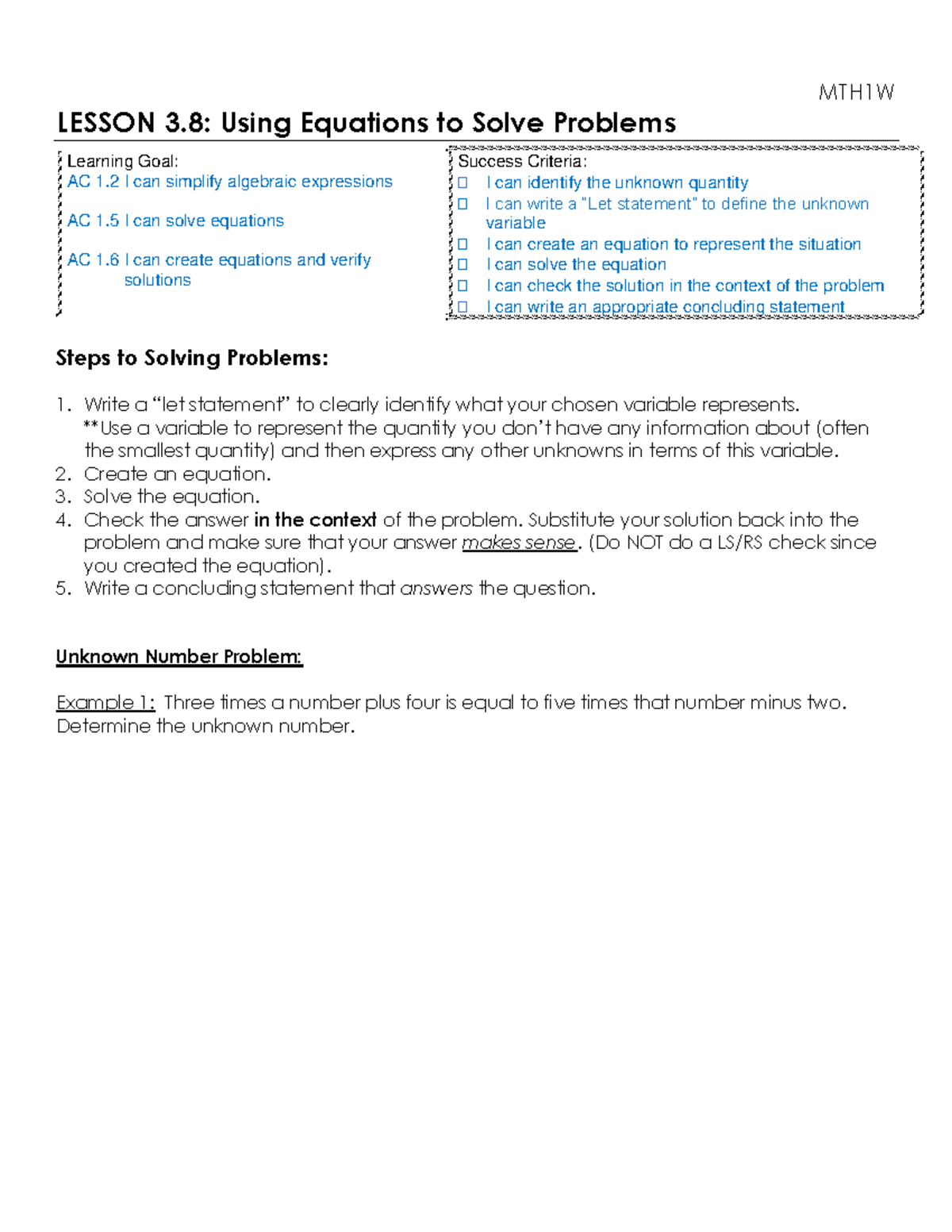 Using Equations to Solve Problems - Write a “let statement” to clearly ...
