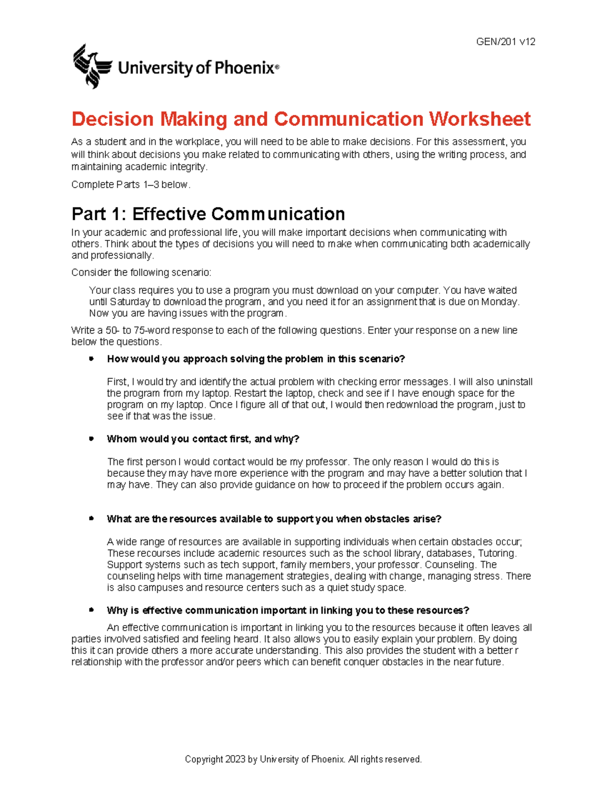 Decision Making and Communication Worksheet - For this assessment, you ...
