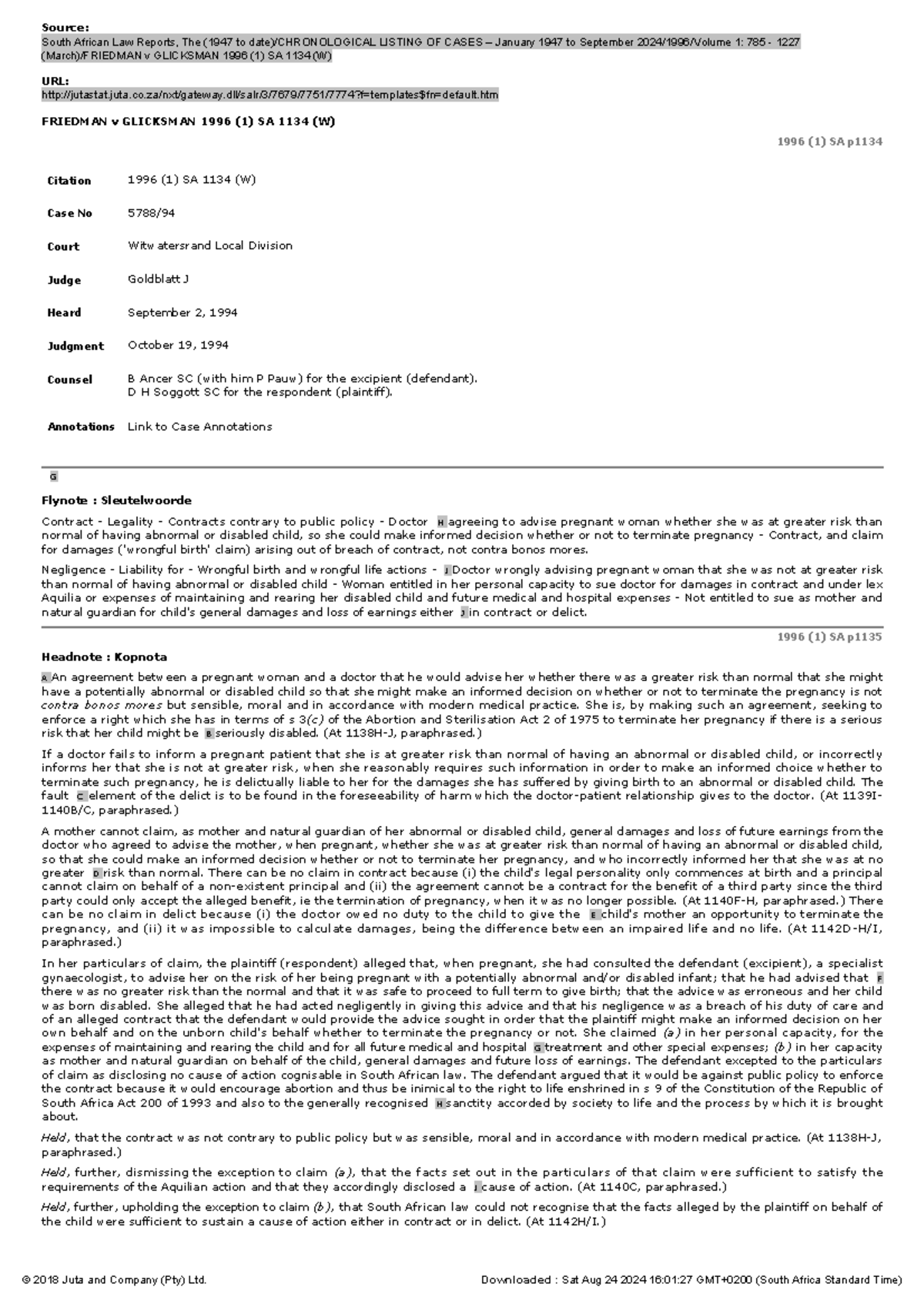 Friedman v Glicksman 1996 (1) SA 1134 (W) - Source: South African Law ...