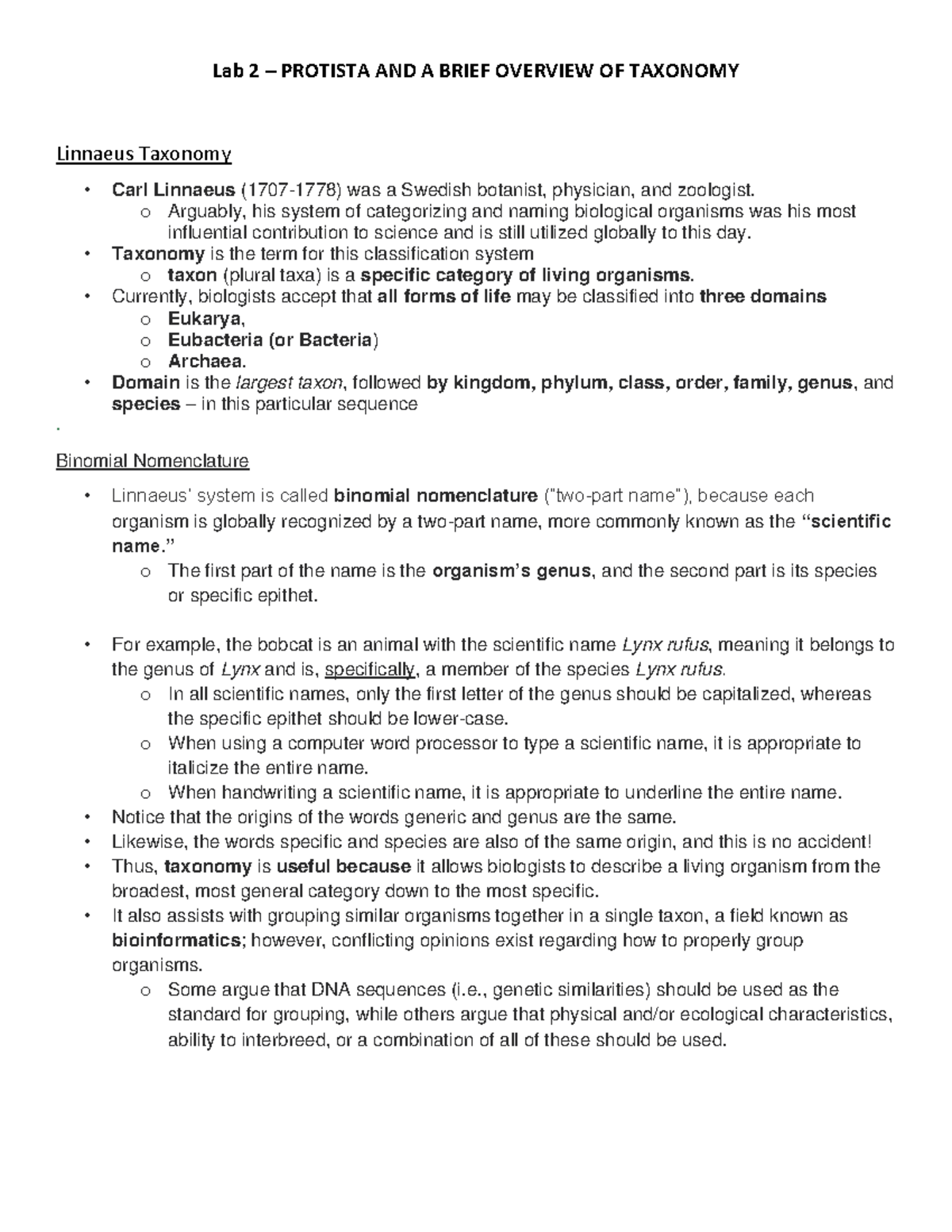 Lab 2 - Protista Taxonomy - Lab 2 – PROTISTA AND A BRIEF OVERVIEW OF TAXONOMY Linnaeus Taxonomy ...