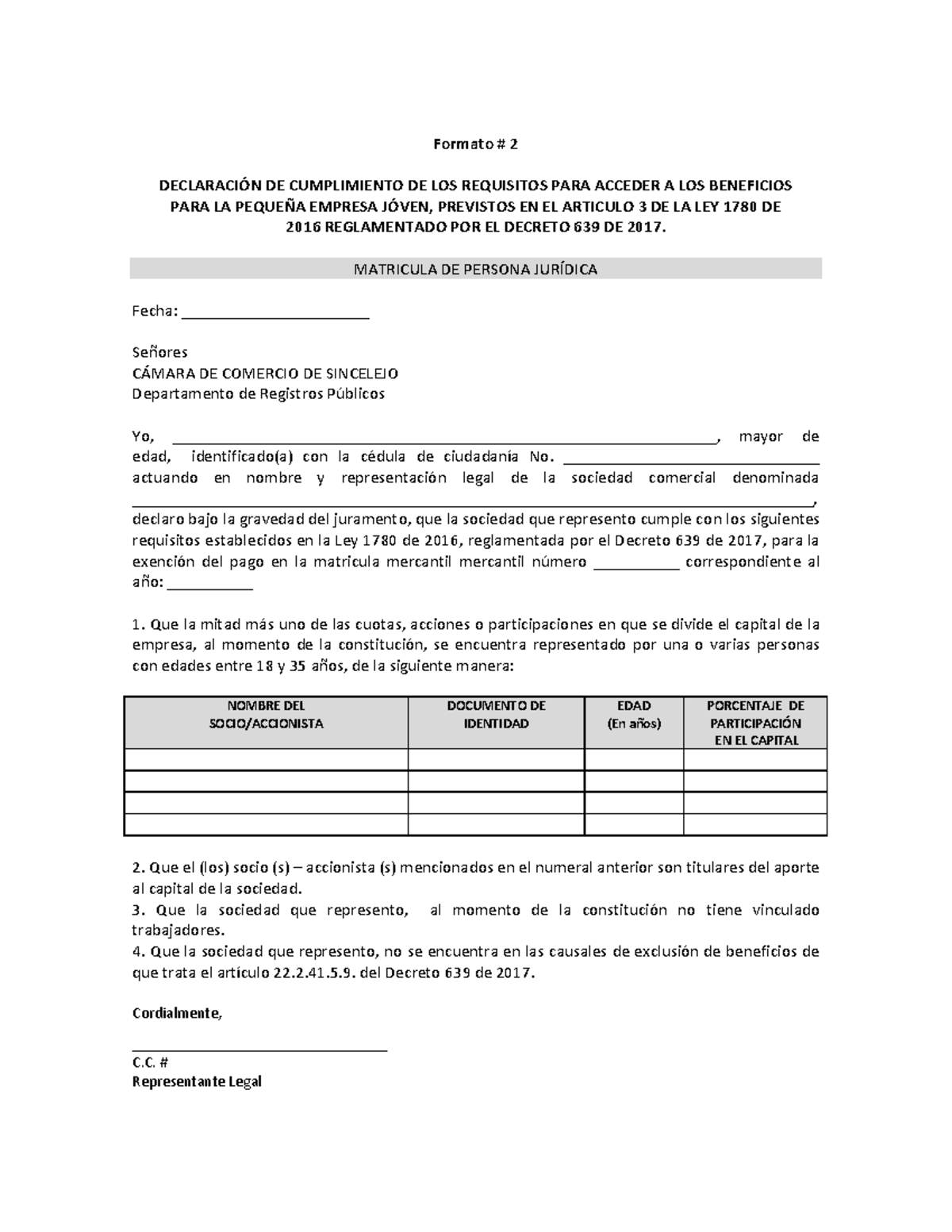 Formato-2 - FOMATO - Formato # 2 DECLARACIÓN DE CUMPLIMIENTO DE LOS ...