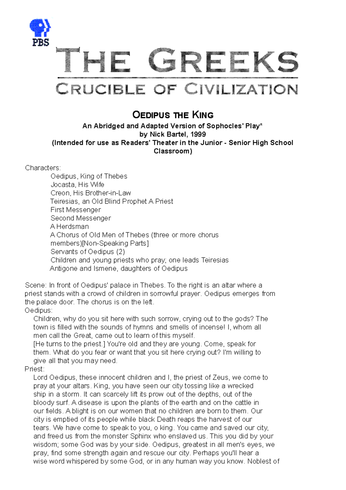 Oedipus abridged - OEDIPUS THE KING An Abridged and Adapted Version of ...