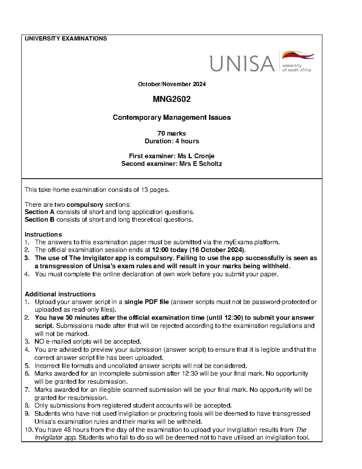 MNG2602 Examination - just need more explanation on how to do it ...