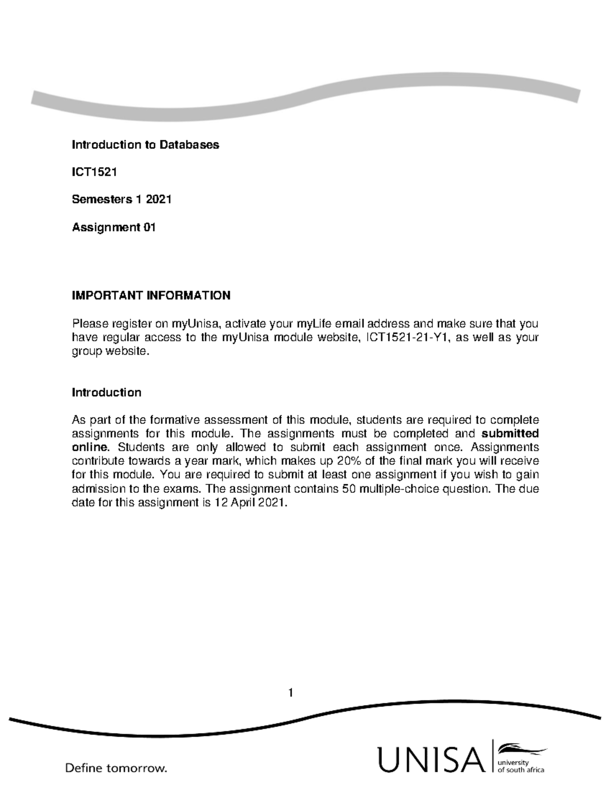 ICT1521 2021 Assignment 1 - Introduction to Databases ICT Semesters 1 2021 Assignment 01 ...
