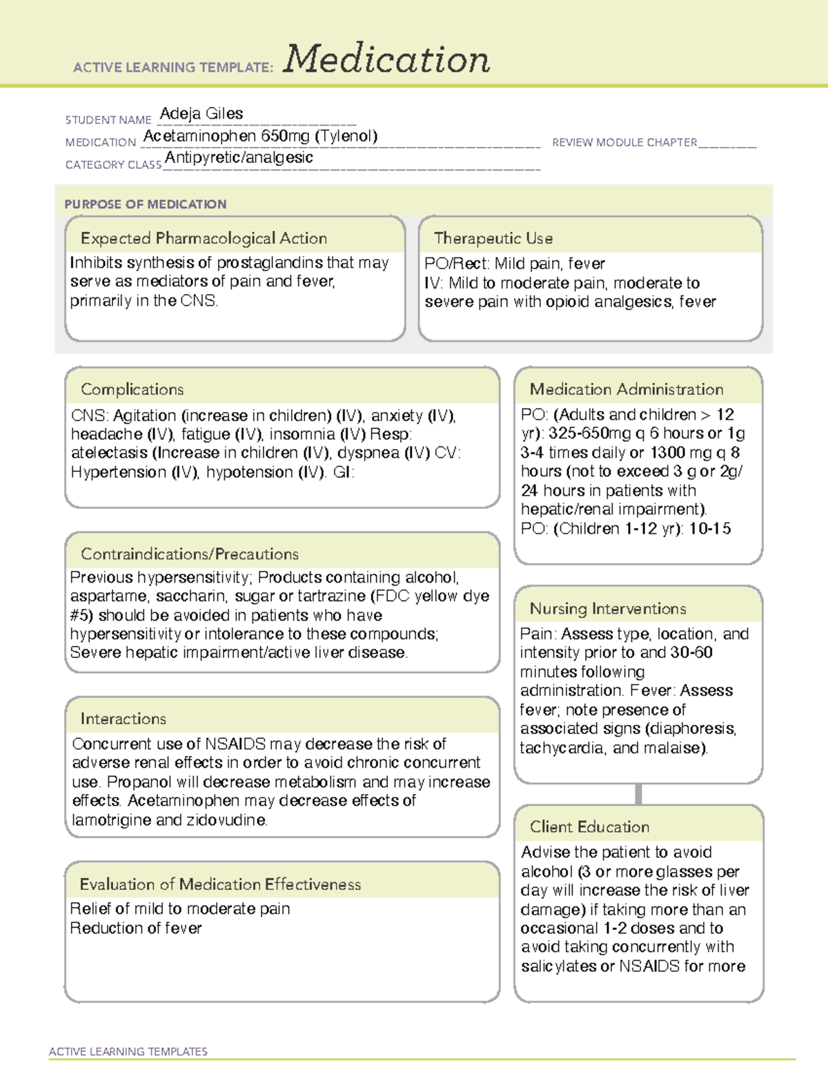Acetominophen Tylenol ALT MED - ACTIVE LEARNING TEMPLATES Medication ...