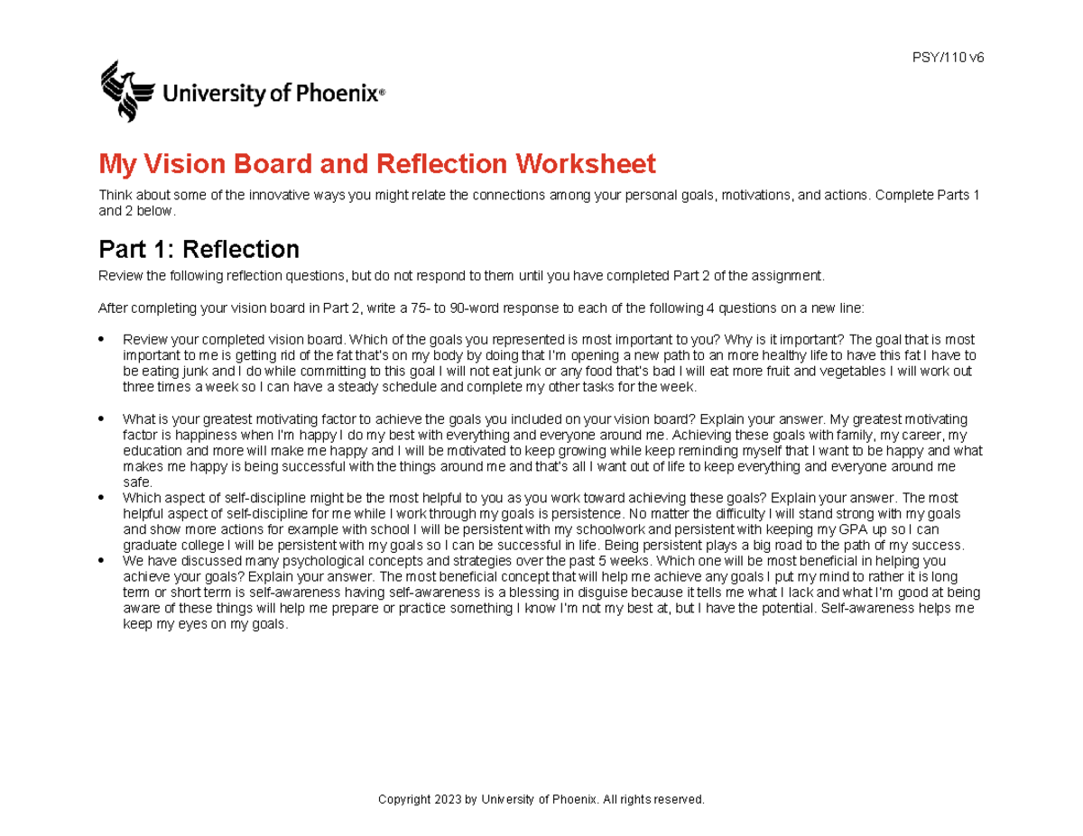 Psy110 v6 wk5 my vision board and reflection worksheet - PSY/110 v My ...