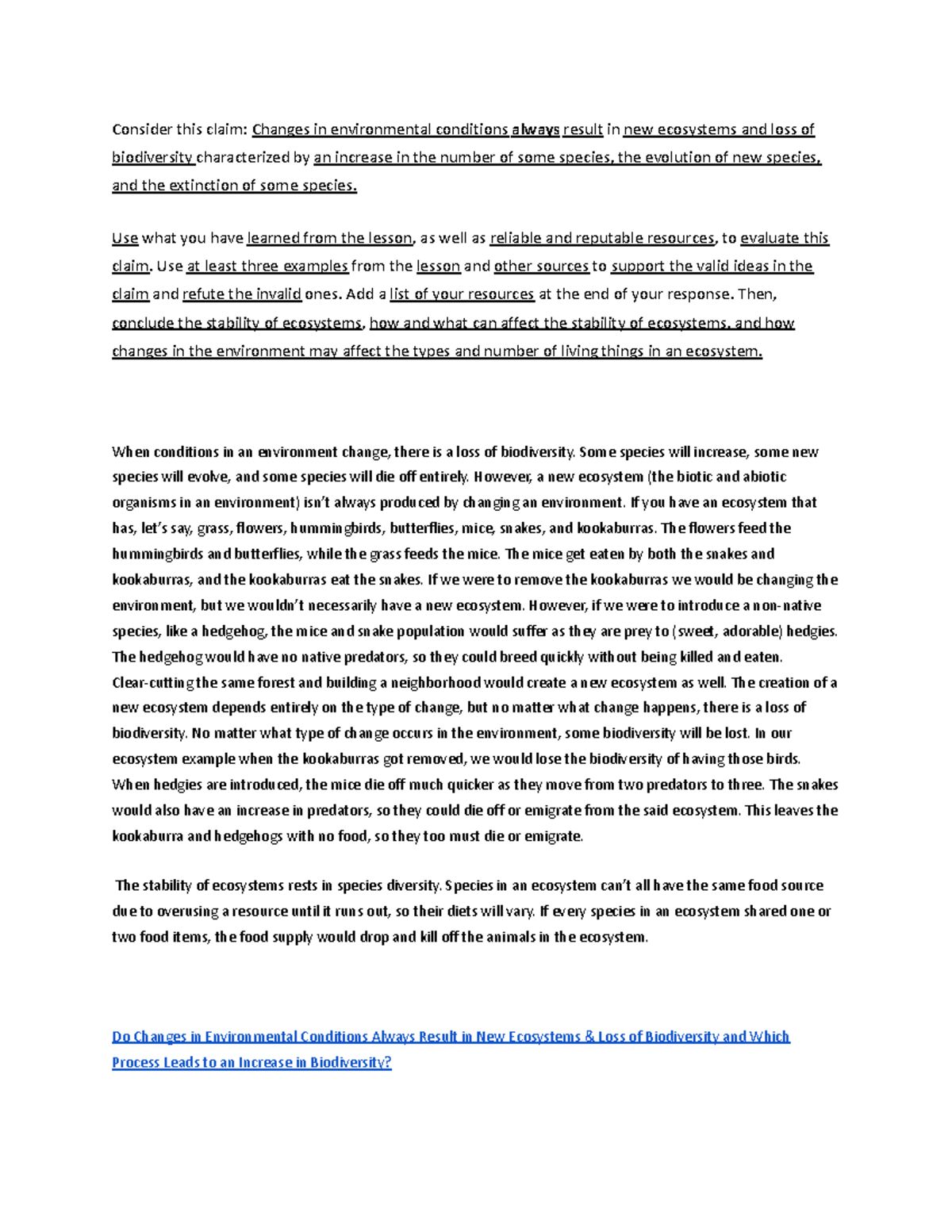 Short Writing - Succession and Extinction - Consider this claim ...