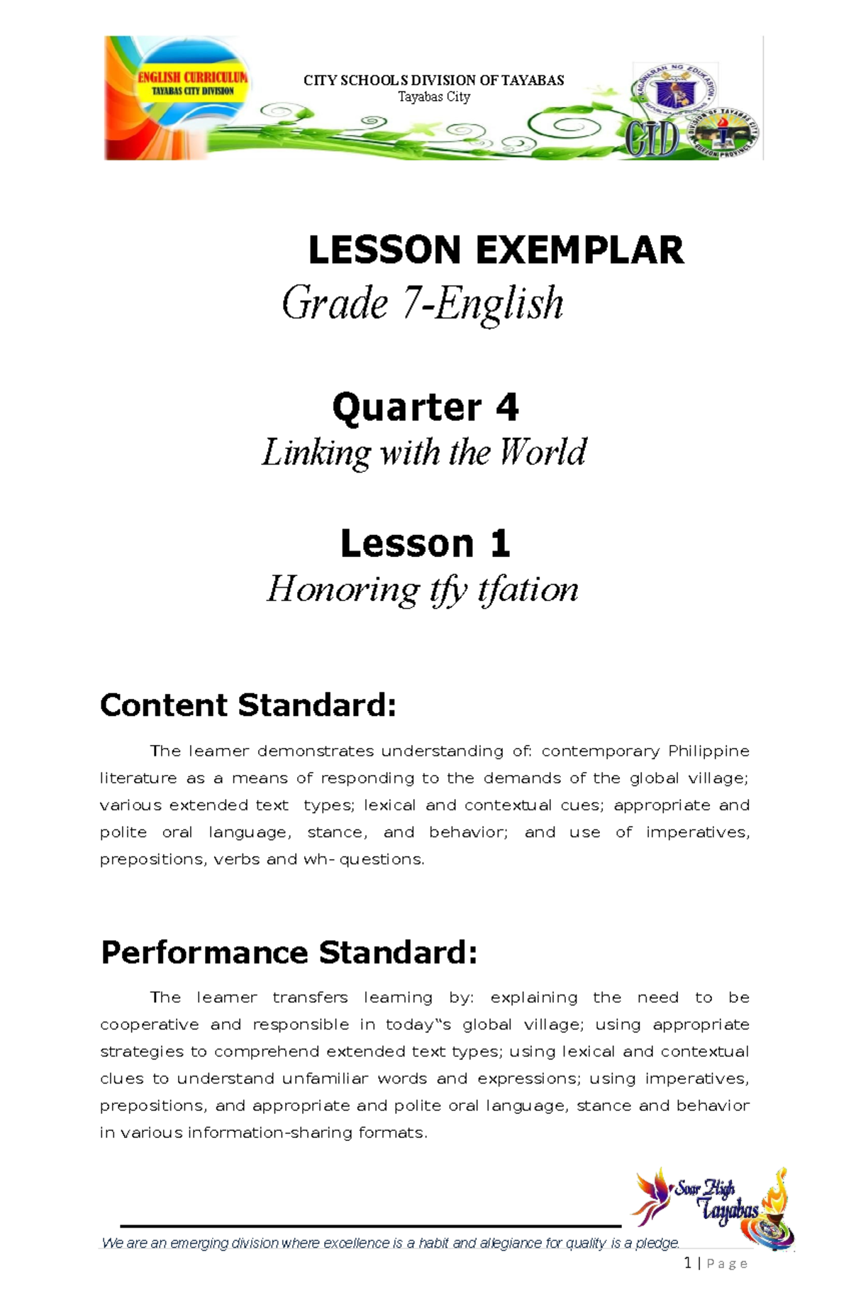 G7 English Lesson Exemplar 4th Quarter - We are an emerging division ...