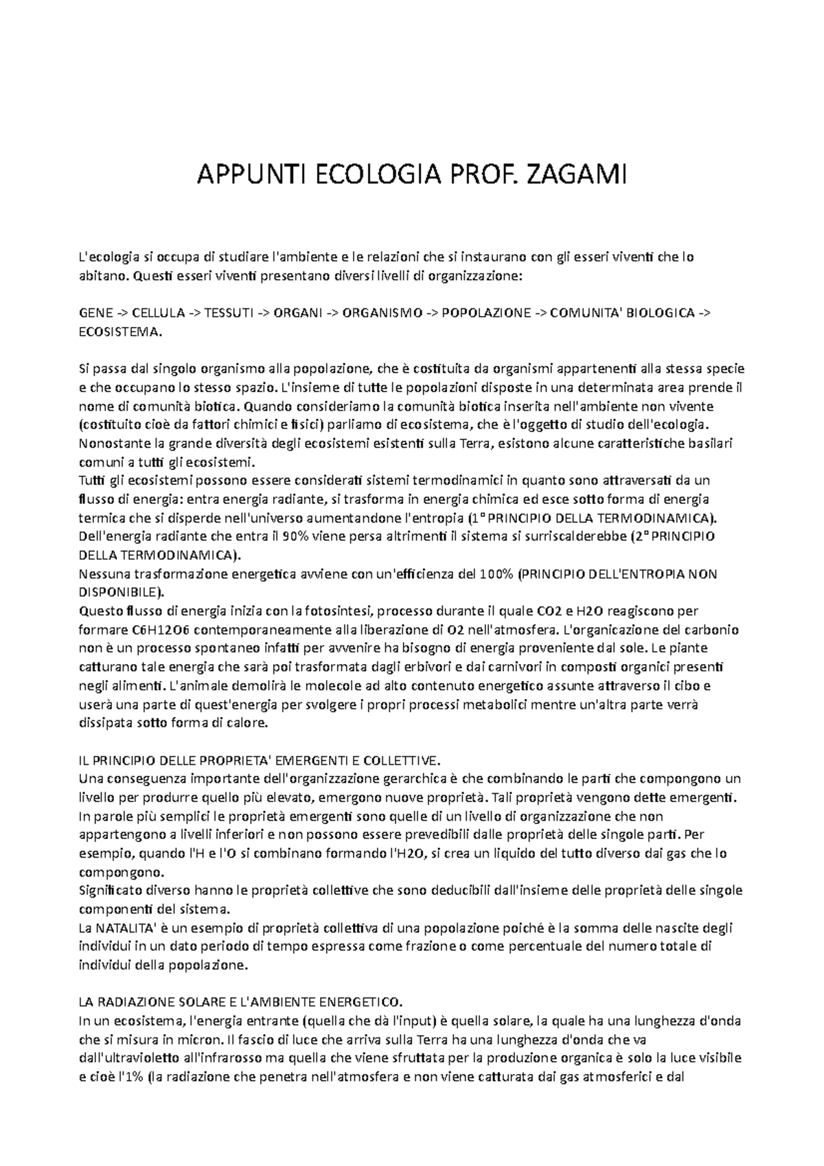Appunti- Ecologia-PROF - APPUNTI ECOLOGIA PROF. ZAGAMI L'ecologia si ...