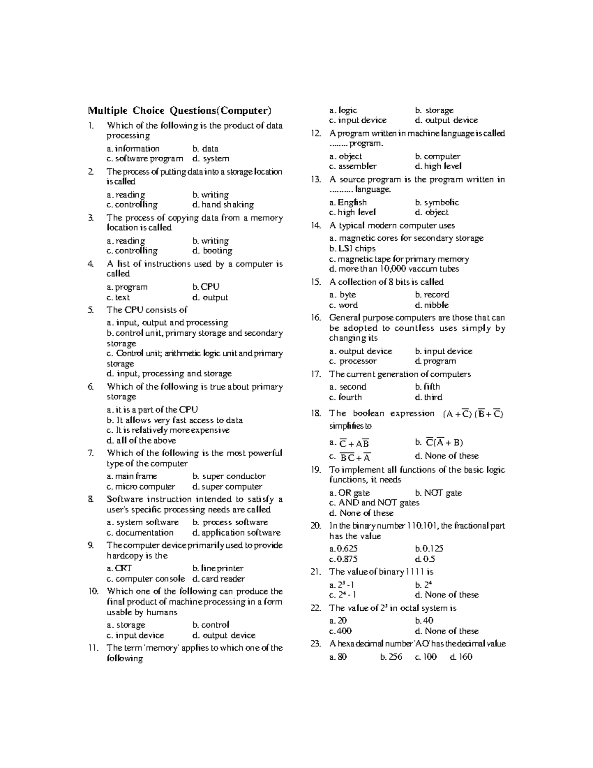 Computer Multiple Choice 120 Questions RIght To Information Studocu