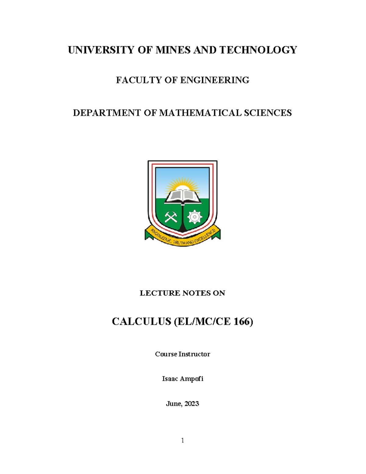 Calculus 166 - UNIVERSITY OF MINES AND TECHNOLOGY FACULTY OF ...
