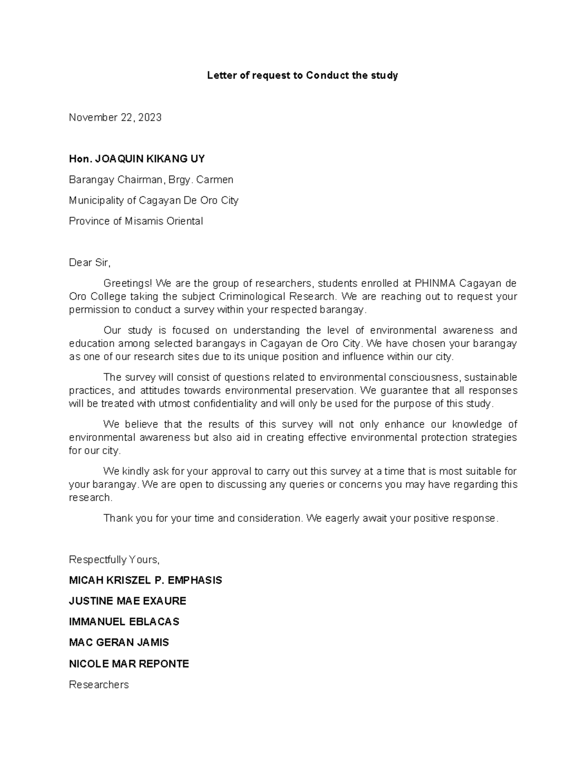 letter of proposal to conduct research - Letter of request to Conduct ...