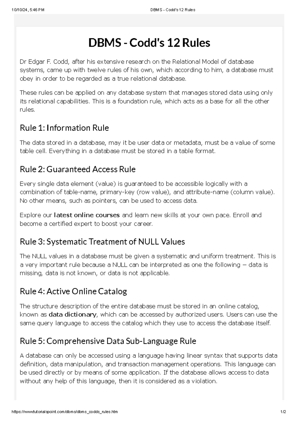 DBMS - Codd's 12 Rules - faFea - DBMS - Codd's 12 Rules Dr Edgar F. Codd, after his extensive ...