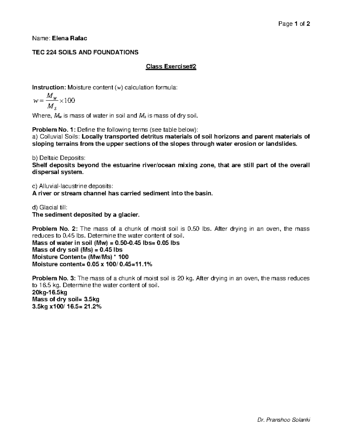 Class Exercise 2 - Page 1 of 2 Dr. Pranshoo Solanki Name: Elena Rafac TEC 224 SOILS AND ...