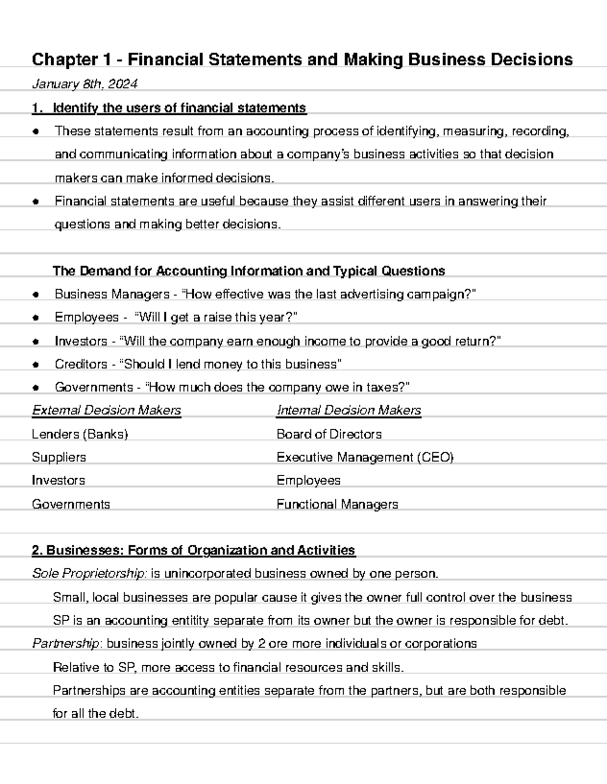 Chapter 1 - Financial Statements and Making Business Decisions ...