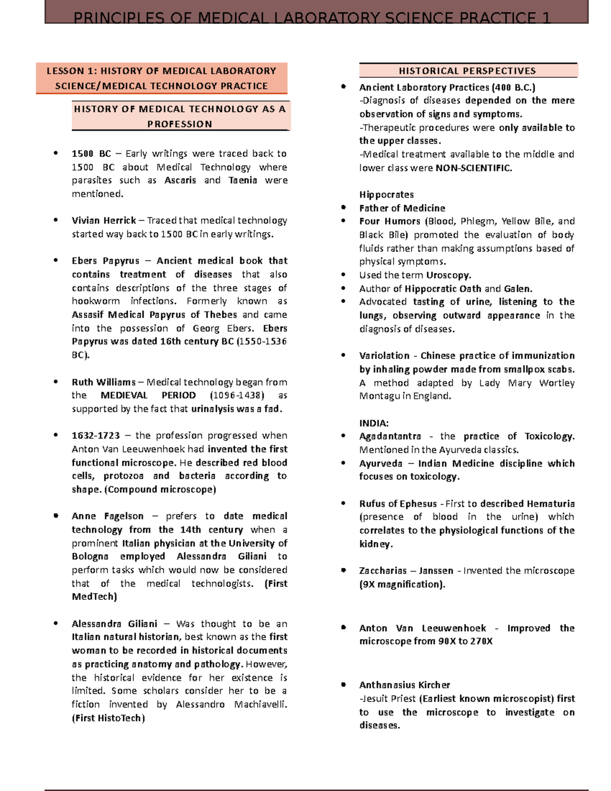 MLS Transes - LESSON 1: HISTORY OF MEDICAL LABORATORY SCIENCE/MEDICAL ...