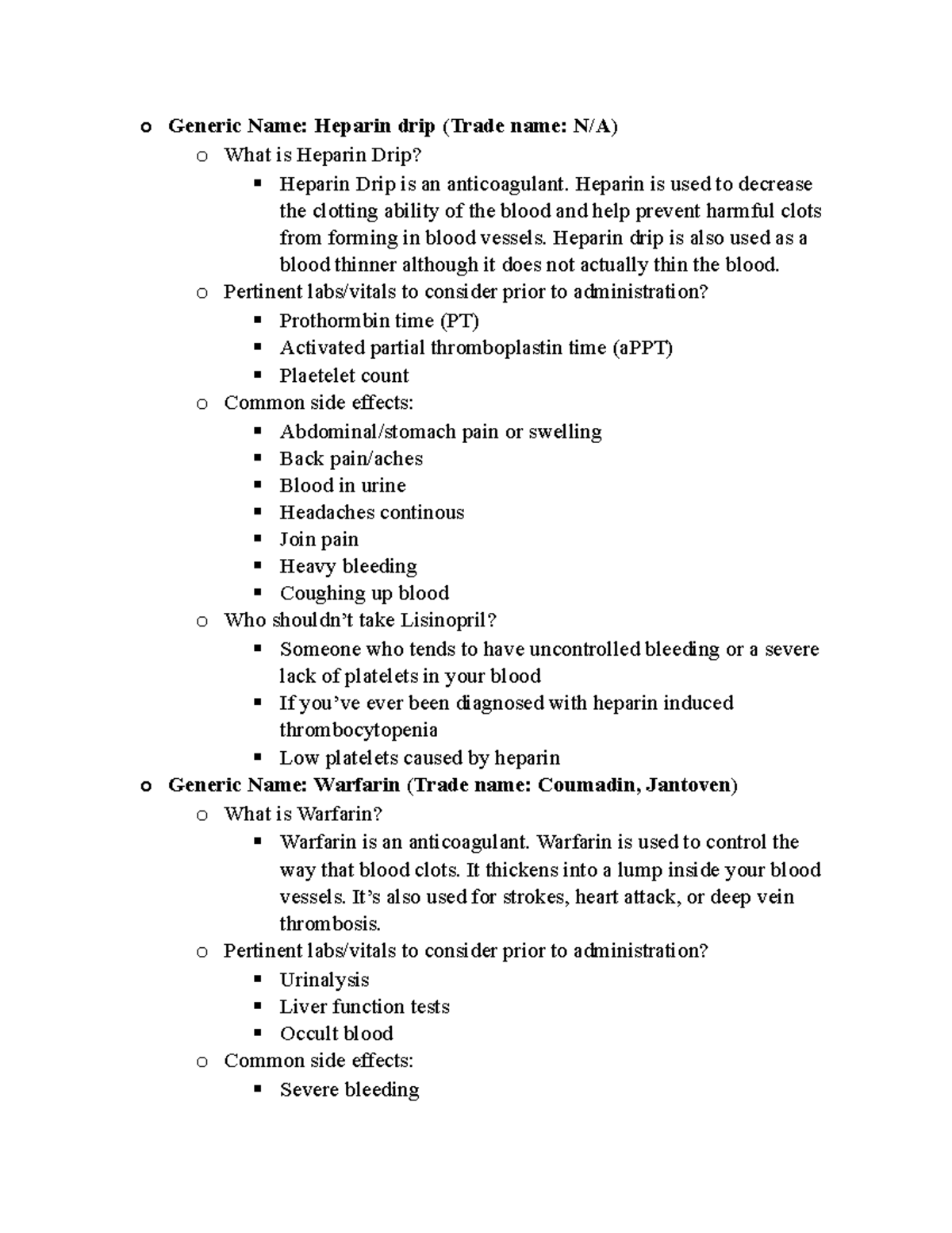 Student's Drug Guide Example - o Generic Name: Heparin drip (Trade name ...