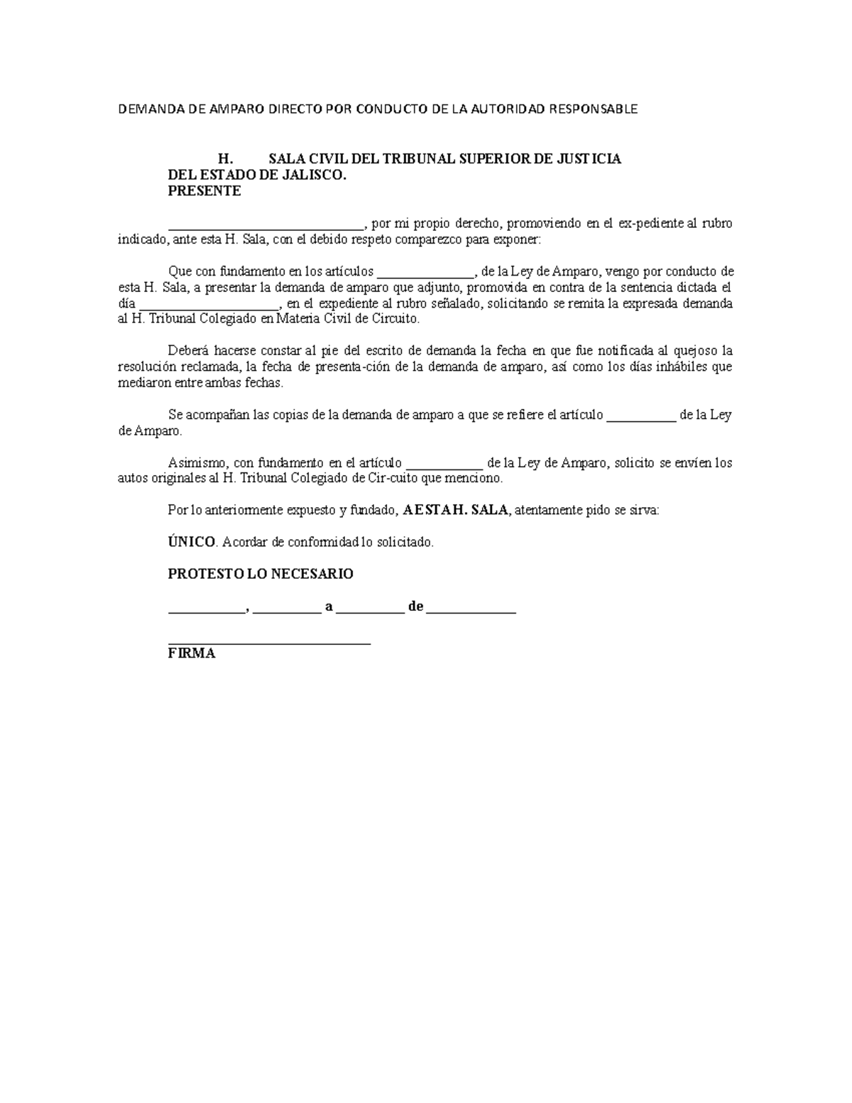 Demanda DE Amparo Directo POR Conducto DE LA Autoridad Responsable ...