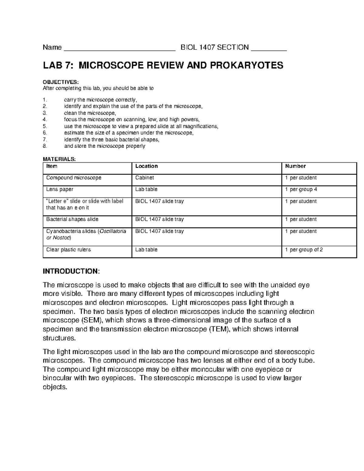 BIOL 1407 Lab 7a - Name ____________________________ BIOL 1407 SECTION ...