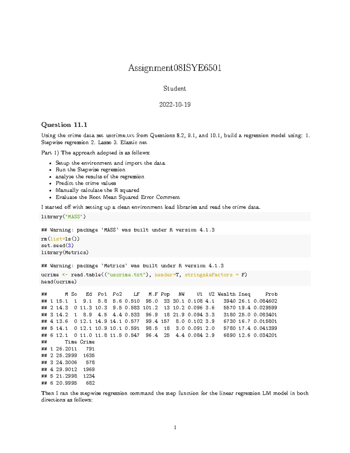 Assignment 08IS - Assignment08ISYE Student 2022-10- Question 11. Using ...
