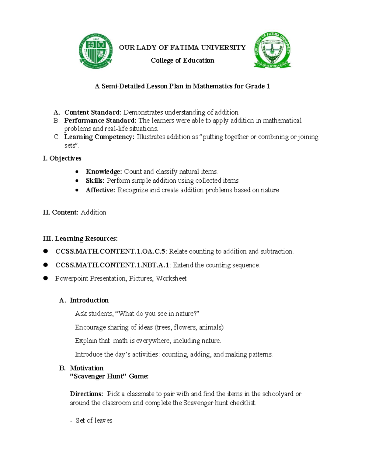Lesson Plan - Content Standard: Demonstrates understanding of addition ...
