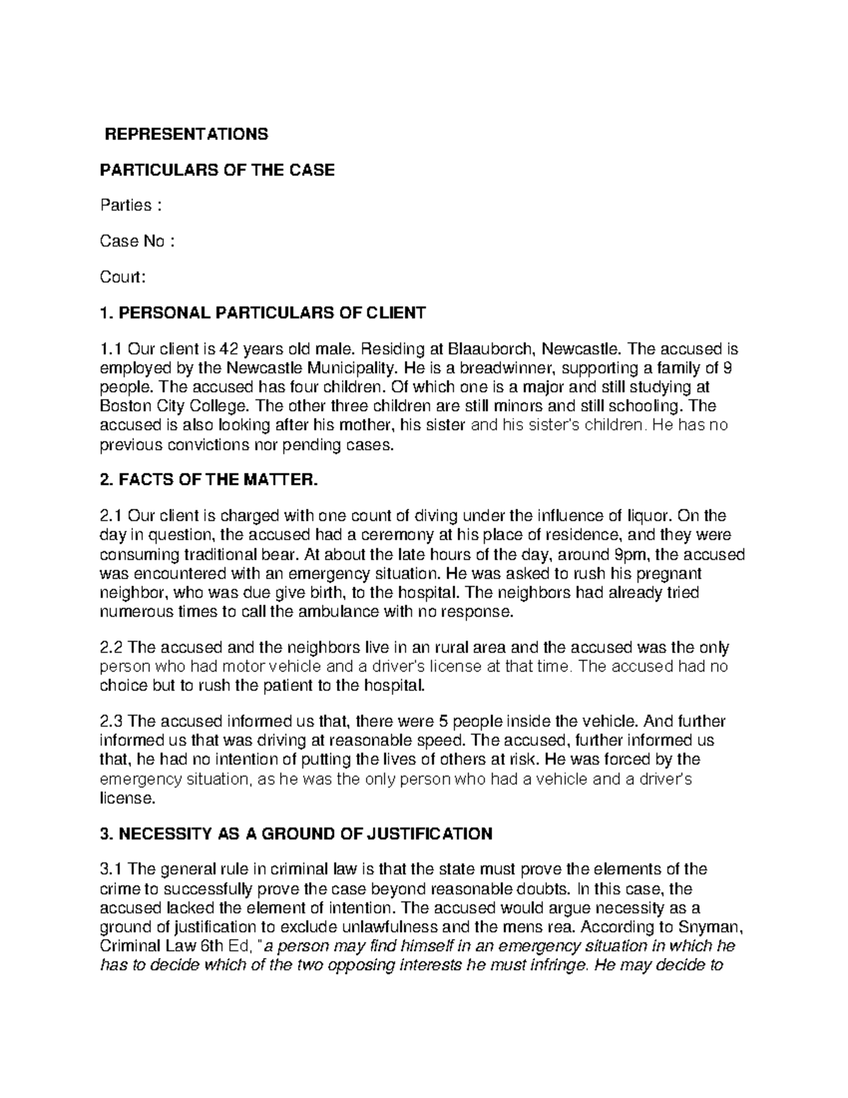 Representations 2 - Reps - REPRESENTATIONS PARTICULARS OF THE CASE ...