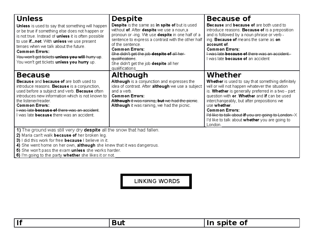 Linking words - FCE - Unless Unless is used to say that something will ...