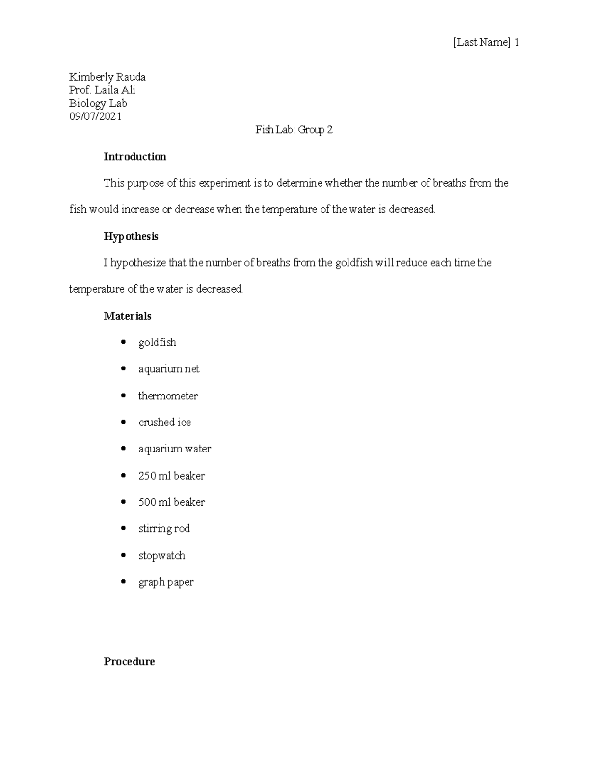 Fish Lab Report - [Last Name] 1 Kimberly Rauda Prof. Laila Ali Biology ...