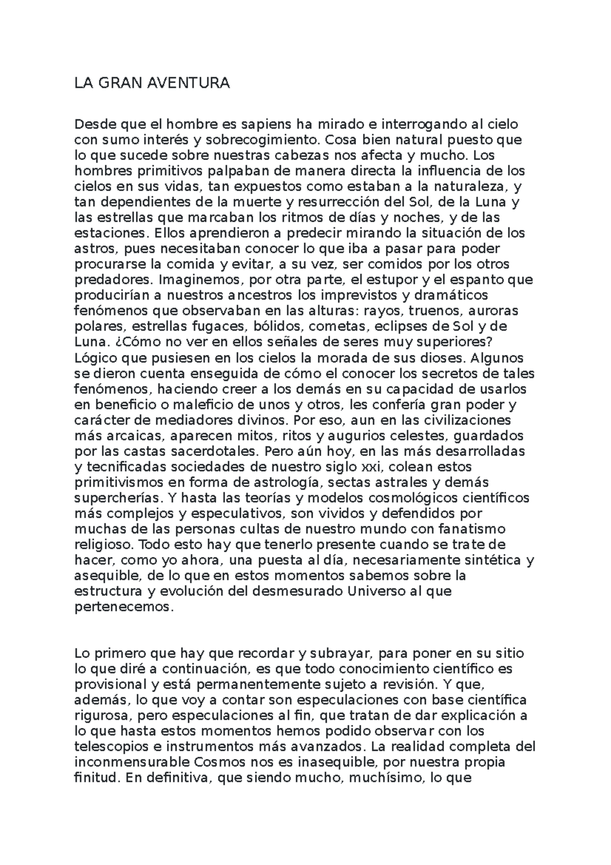LA GRAN Aventura - lectura - LA GRAN AVENTURA Desde que el hombre es ...