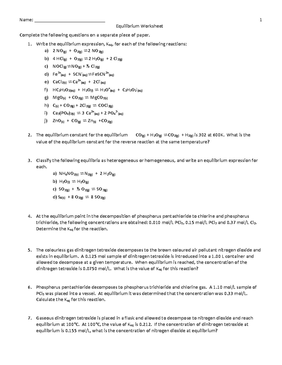 Equilibrium Worksheet End of Module 5 - Name ...