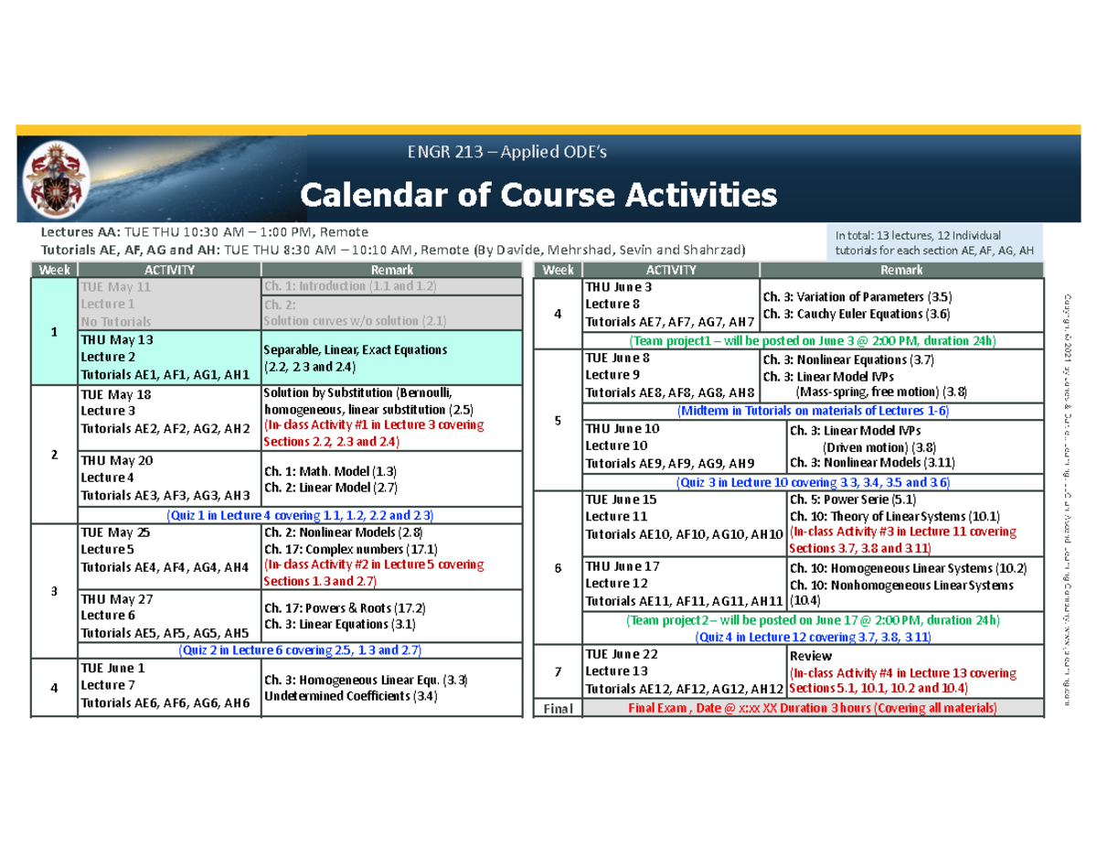 ENGR 213 Calendar - Summer 2021 - Copyright © 2021 by Jones & Bartlett ...