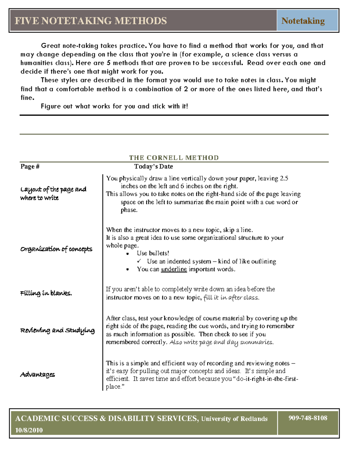 1five methods of notetaking - ACADEMIC SUCCESS & DISABILITY SERVICES ...