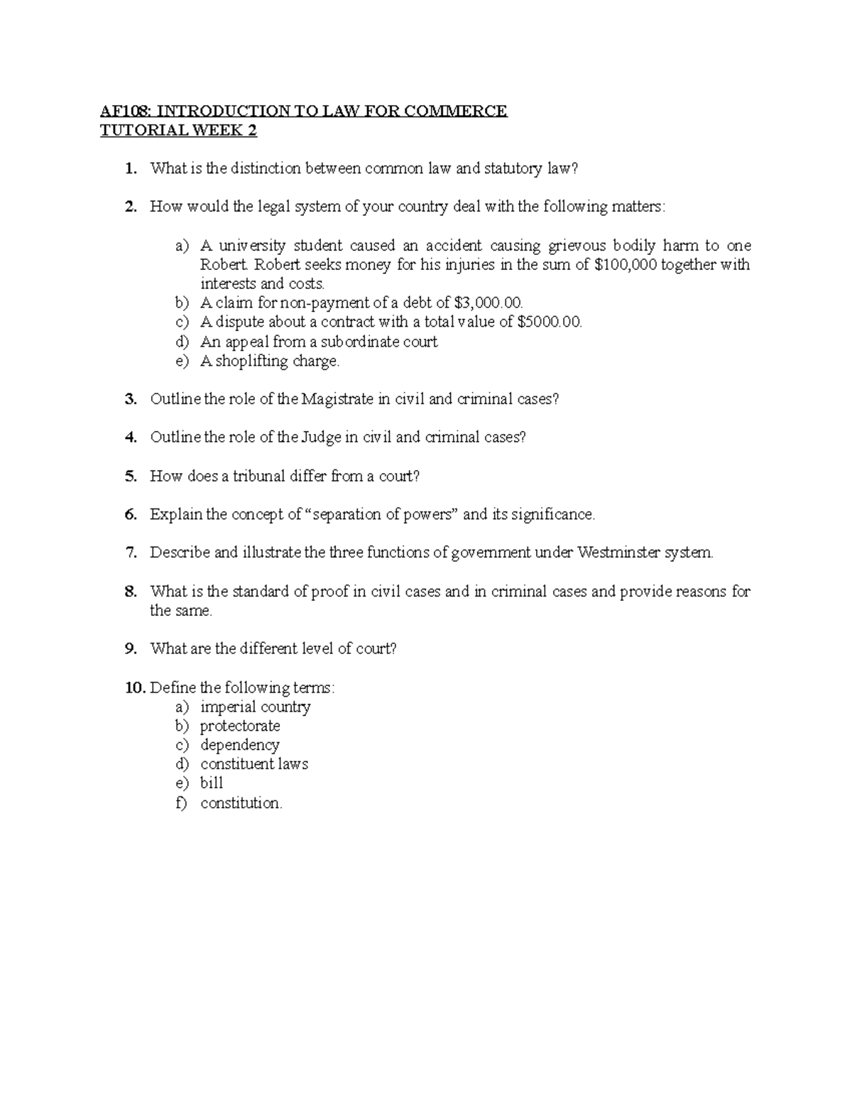 End of unit questions - AF108: INTRODUCTION TO LAW FOR COMMERCE ...