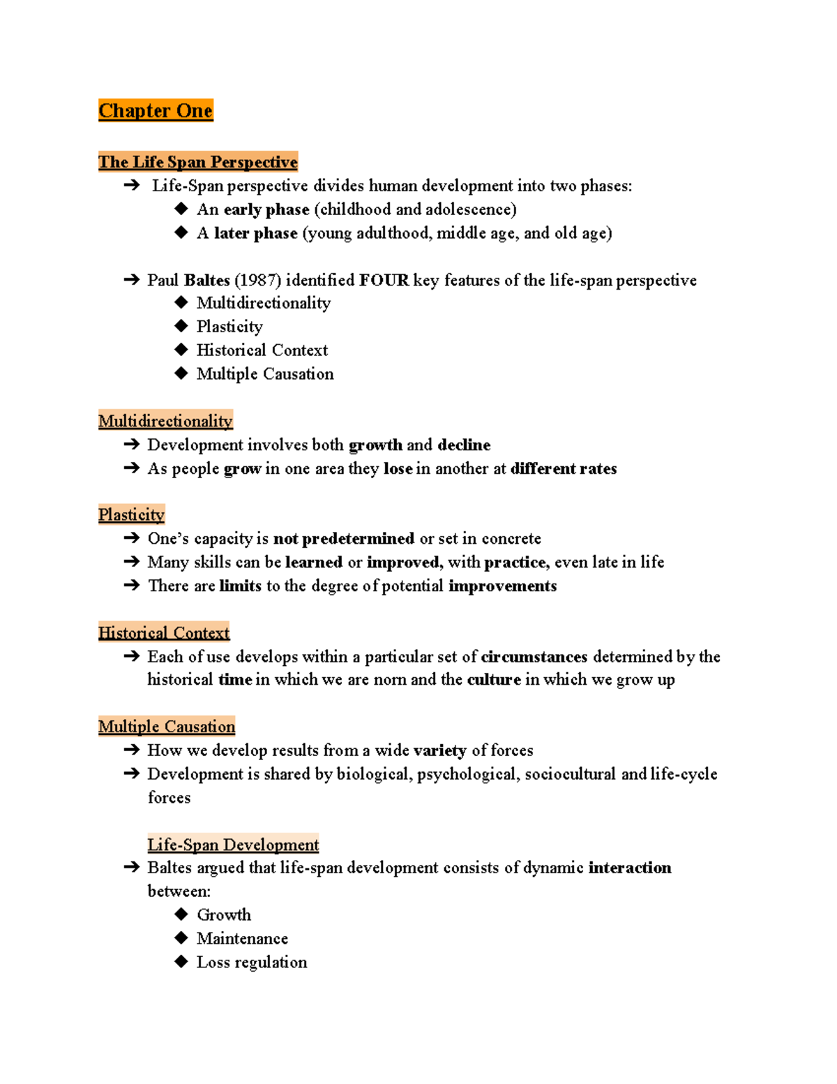 FRHD 2060 Midterm 1 Notes - Chapter One The Life Span Perspective Life ...