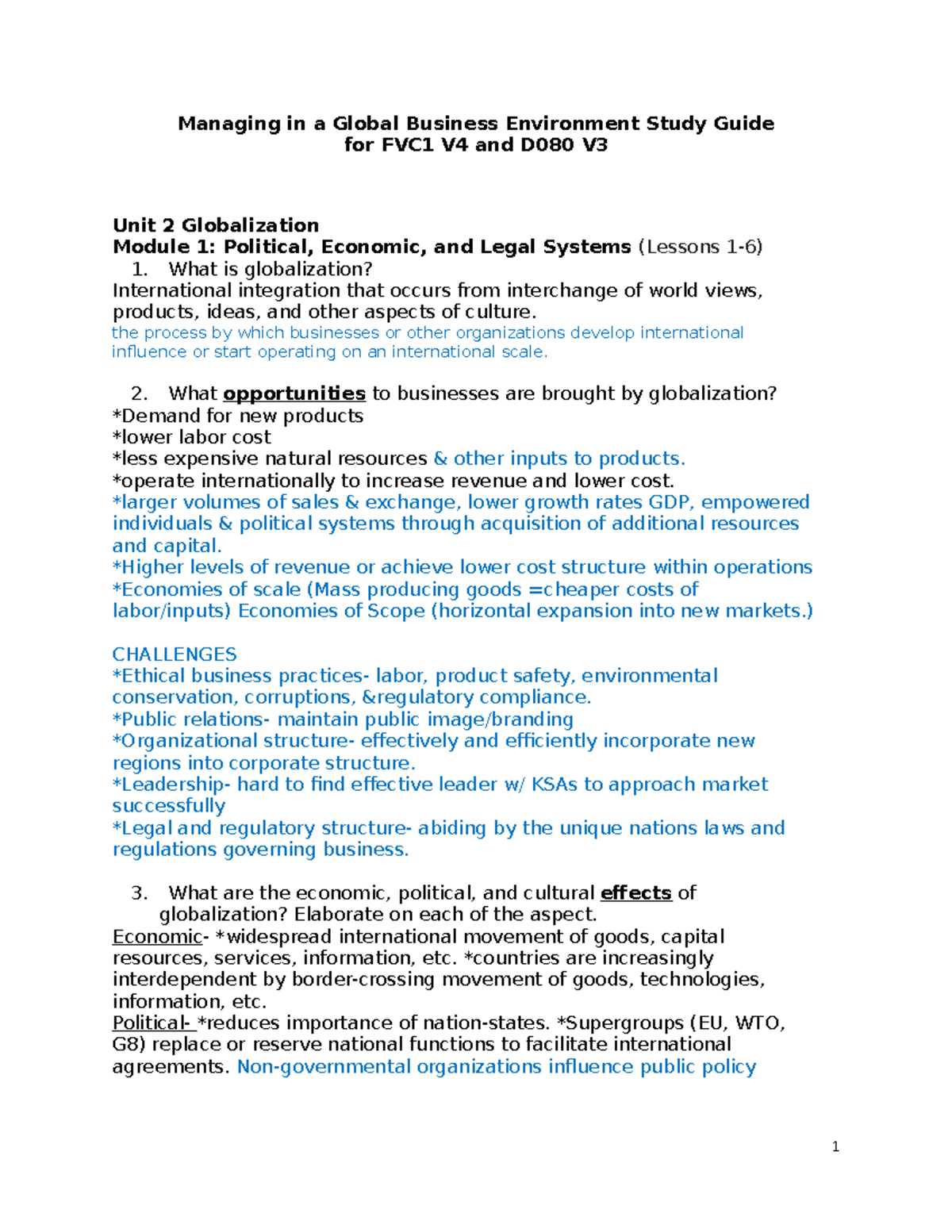 D080 V3-FVC1 V4 Study Guide - Managing in a Global Business Environment ...