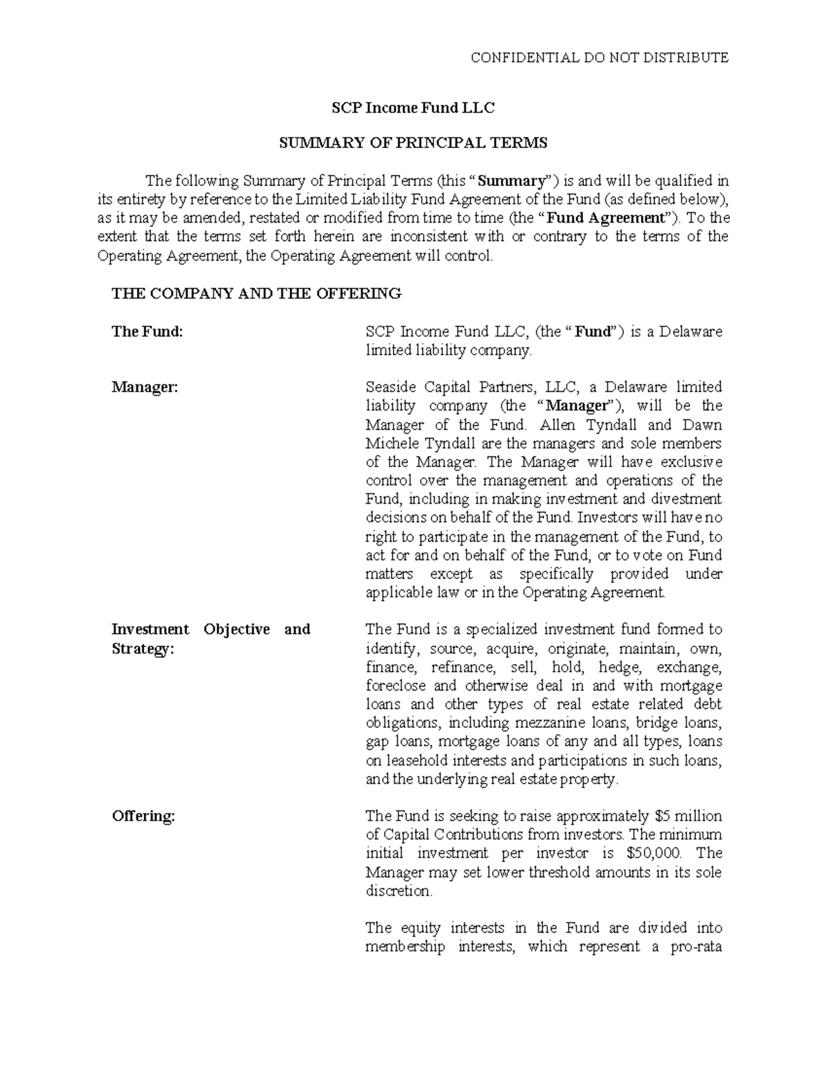 Summary Terms SCP Income Fund (5 - SCP Income Fund LLC SUMMARY OF ...