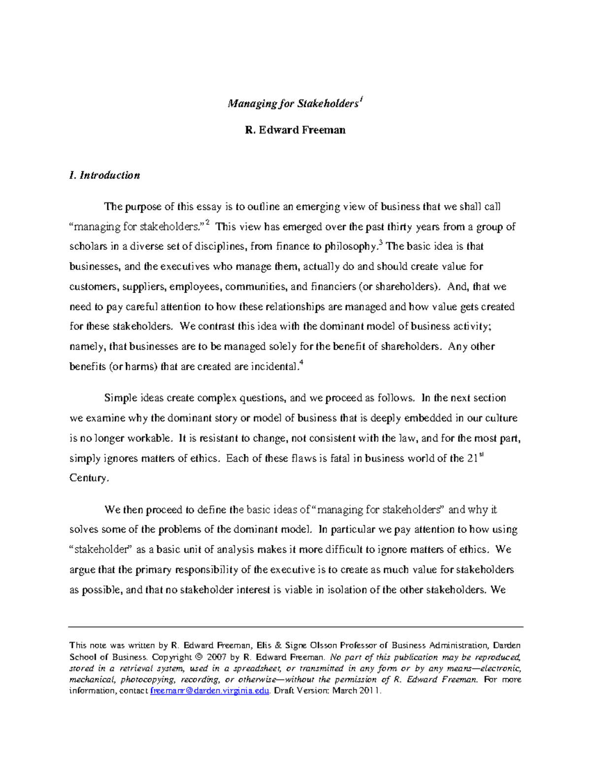 REdward Freeman Stakeholder Theory - This note was written by R. Edward ...