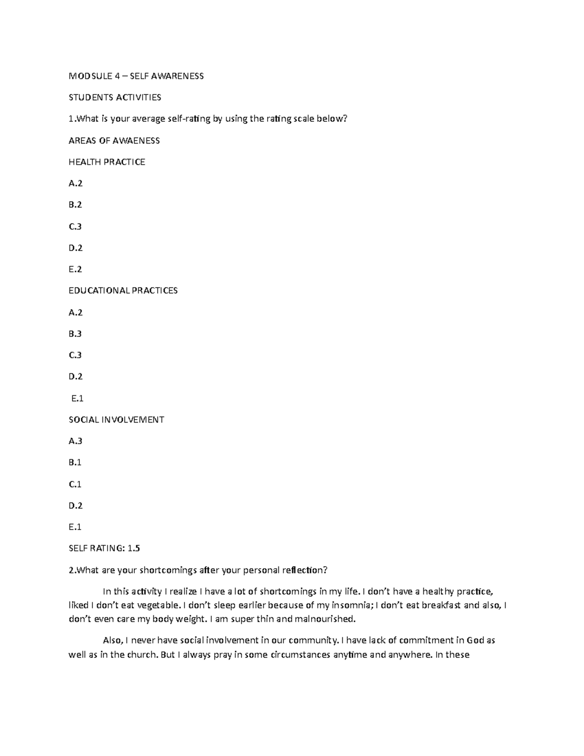 Module 4 SELF- Awareness Ipasa - MODSULE 4 – SELF AWARENESS STUDENTS ...