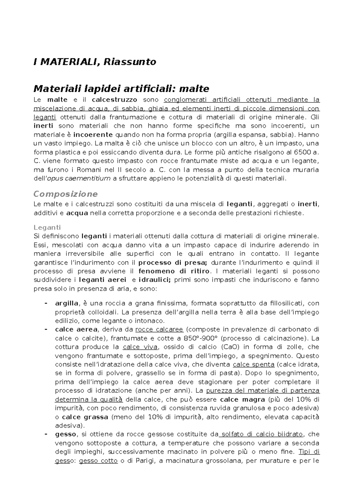 I Materiali - I MATERIALI, Riassunto Materiali lapidei artificiali ...