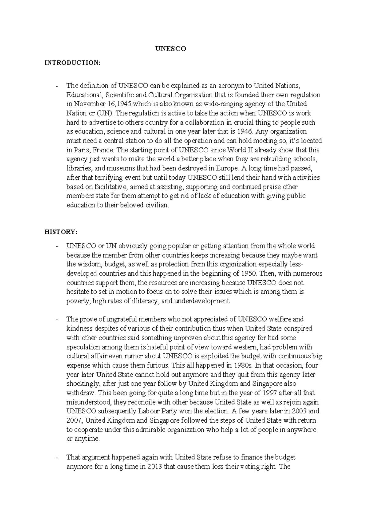 Assignment 1 IMD 124 ( Unesco) - UNESCO INTRODUCTION: - The definition ...