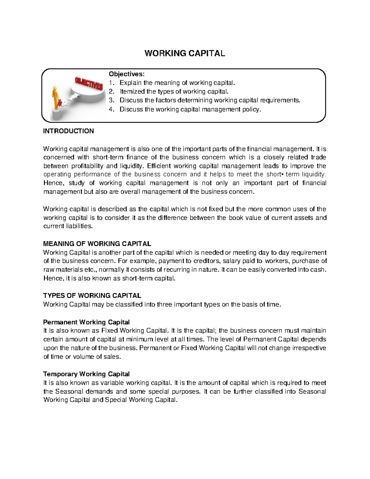 Working- Capital - Finance Management - WORKING CAPITAL Objectives ...