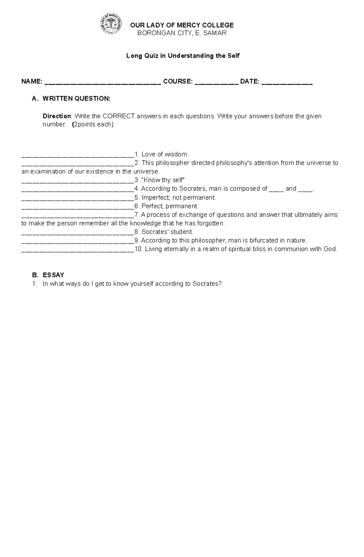 Understand THE SELF LONG QUIZ - OUR LADY OF MERCY COLLEGE BORONGAN CITY ...
