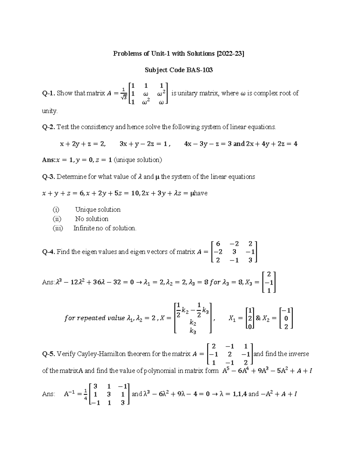 Imp.questions Engg.Mathematics BAS103 with solution - Problems of Unit ...