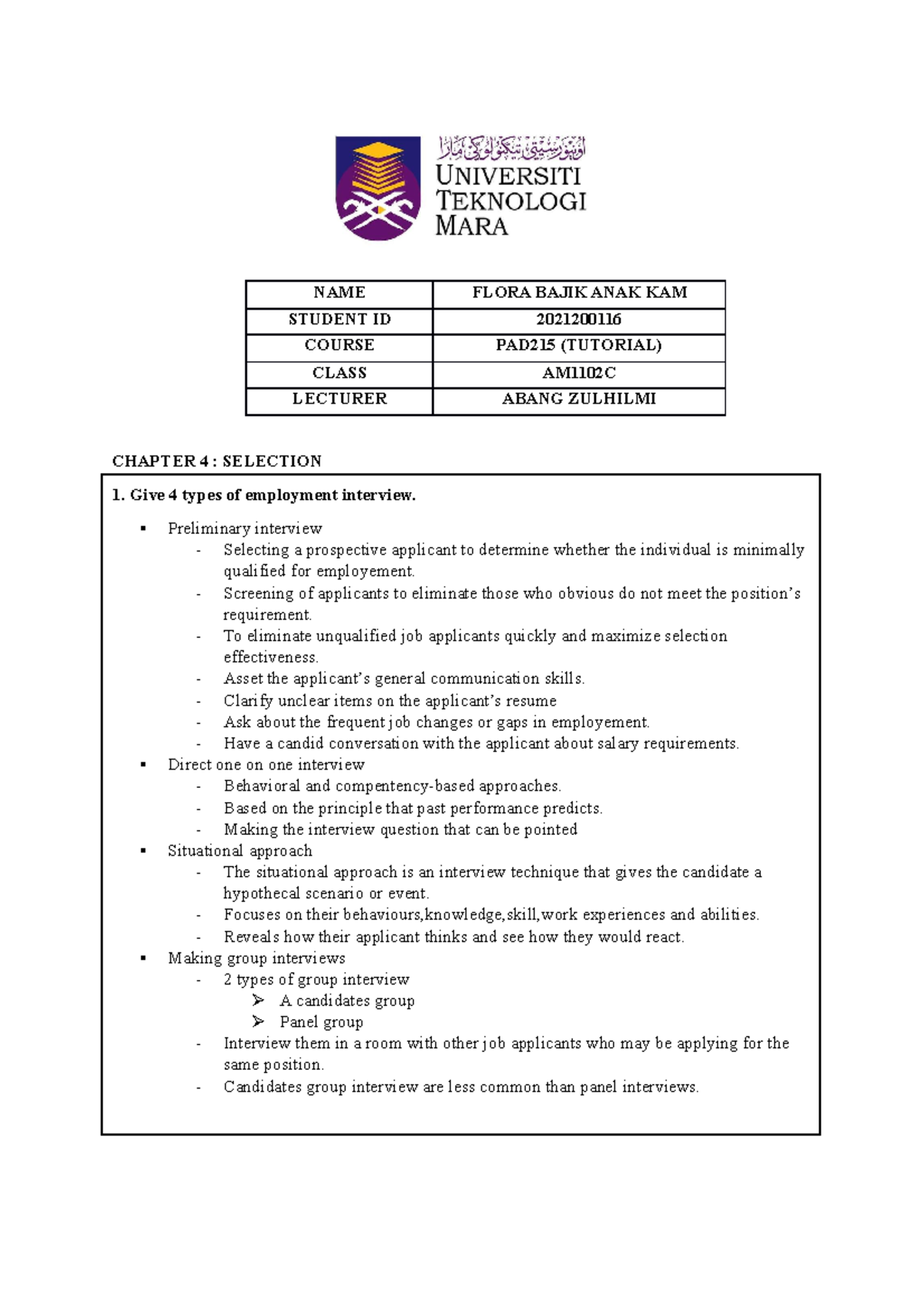 PAD215 Tutorial Chapter 4 Selection - NAME FLORA BAJIK ANAK KAM STUDENT ...