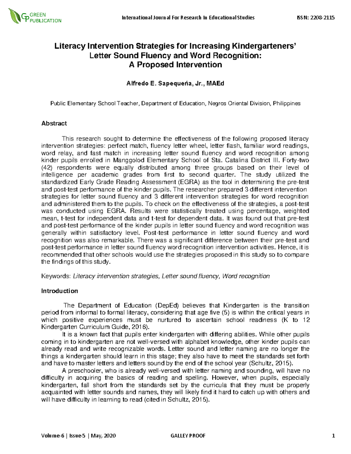 Literacy Intervention Strategies for Increasing Kindergarteners’ Letter ...