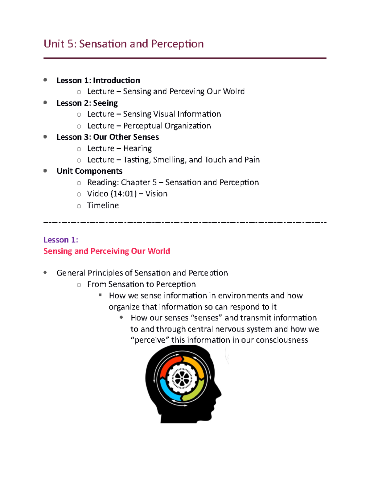 Notes (Unit 5) - Sensation and Perception - Unit 5: Sensation and ...
