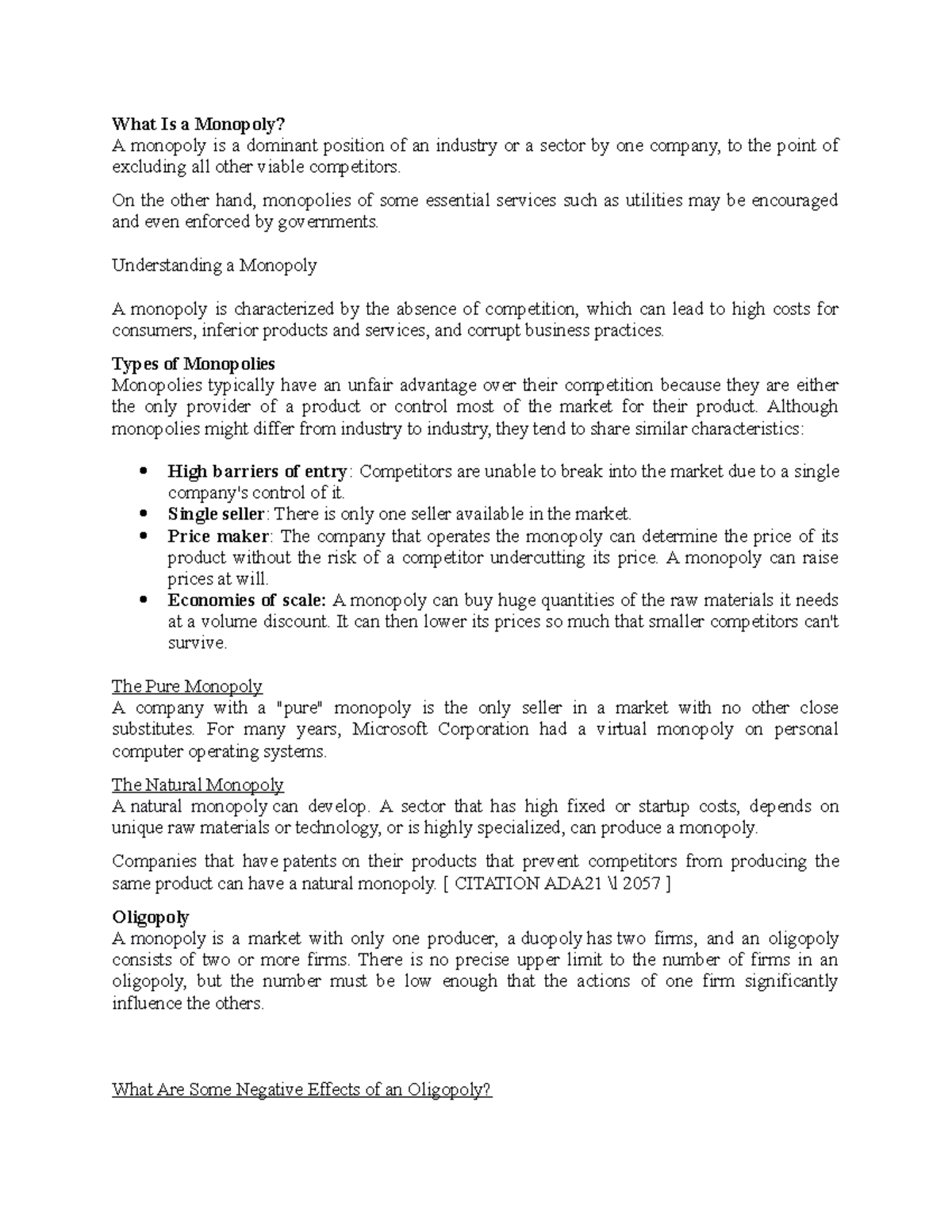 Assignment for Economic J - What Is a Monopoly? A monopoly is a ...