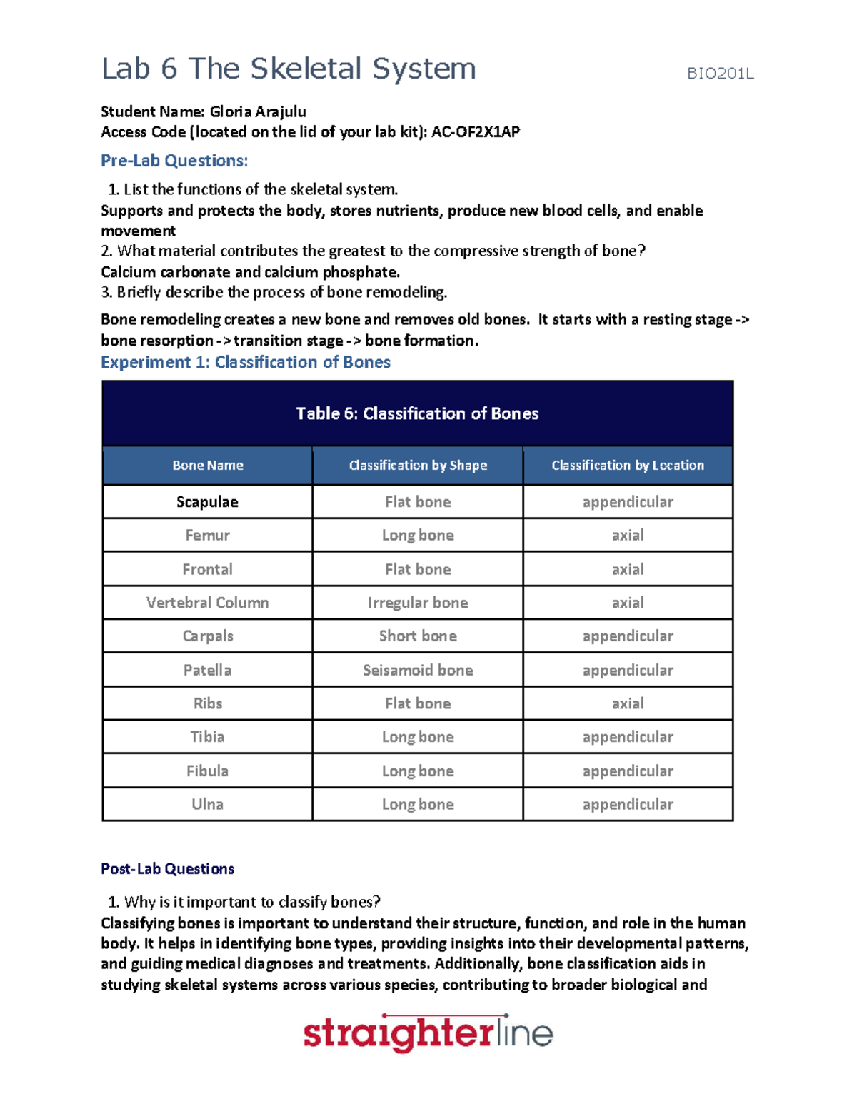 Lab 6 - anatomy 1 and 2 lab stuff - Student Name: Gloria Arajulu Access ...